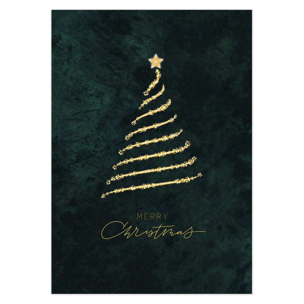 Elegant Green and Gold Christmas Tree Card - Printed Golden Christmas ...