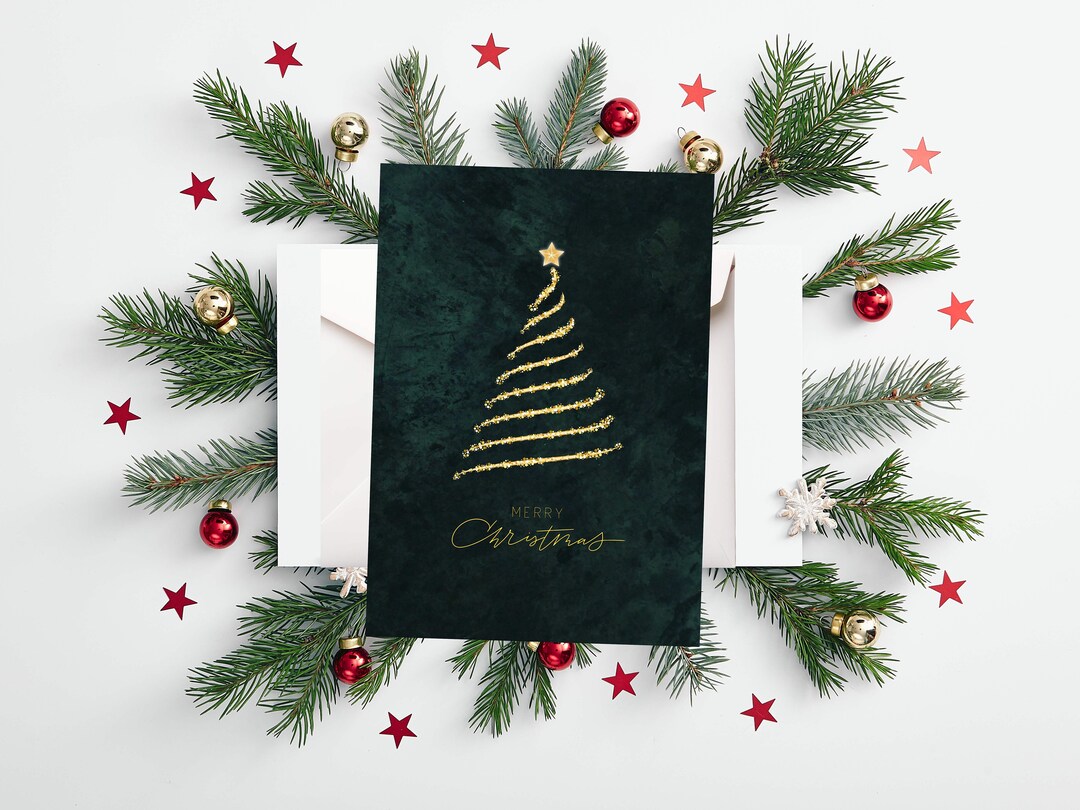 Elegant Green and Gold Christmas Tree Folded Card 5x7 Golden Christmas ...
