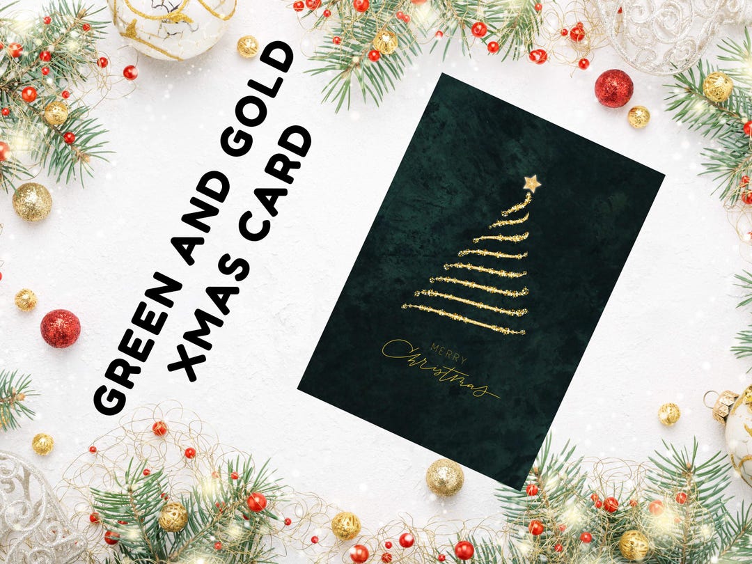 Elegant Green and Gold Christmas Tree Card - Printed Golden Christmas ...