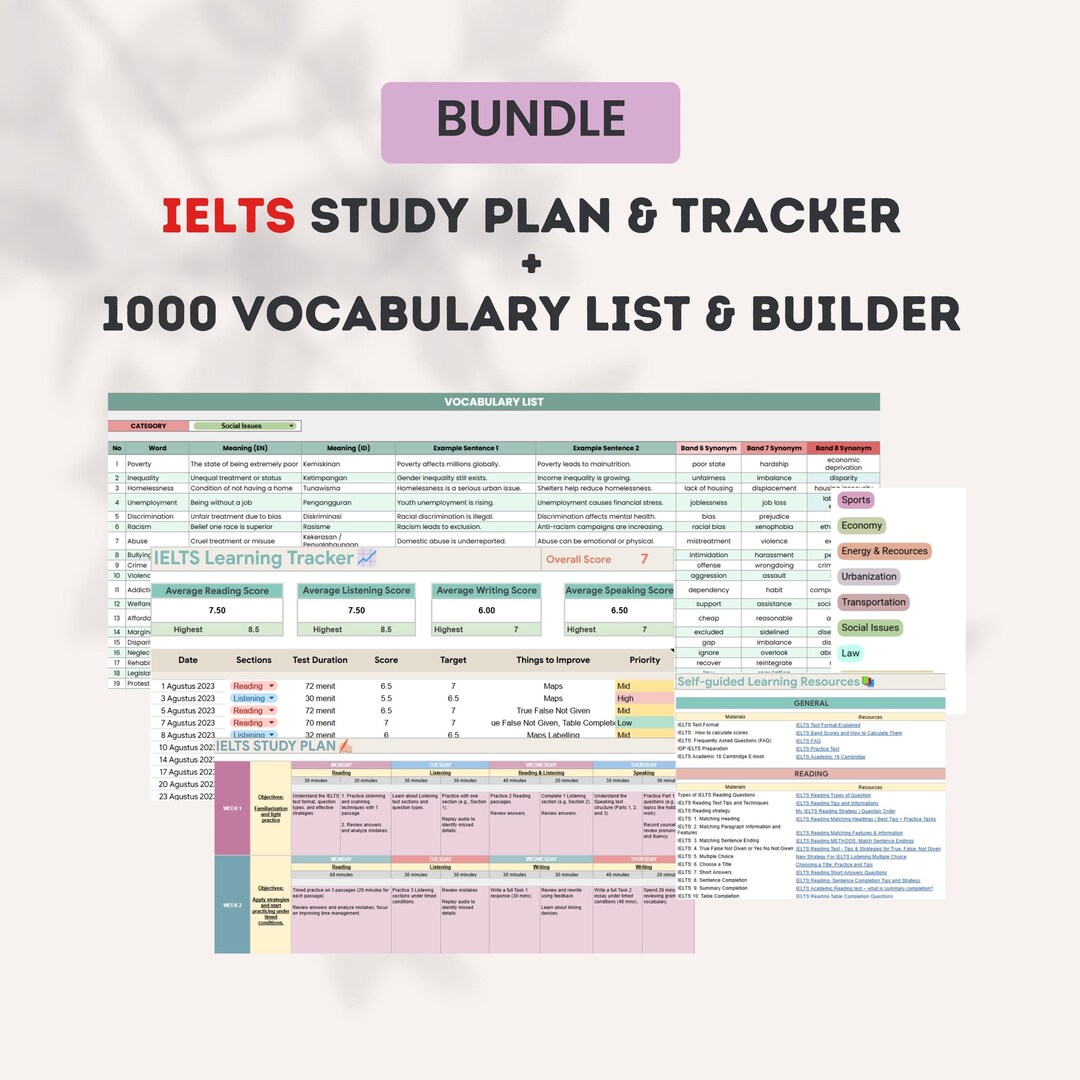 IELTS Study Planner Bundle: Study Tracker and 1000 Vocabulary List ...