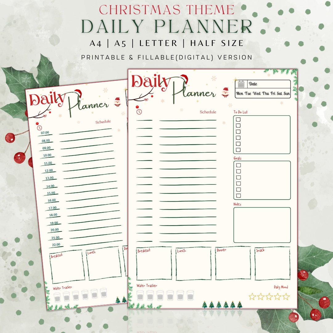 Christmas Theme Daily Planner Printable & Fillable Daily Planner Hourly ...