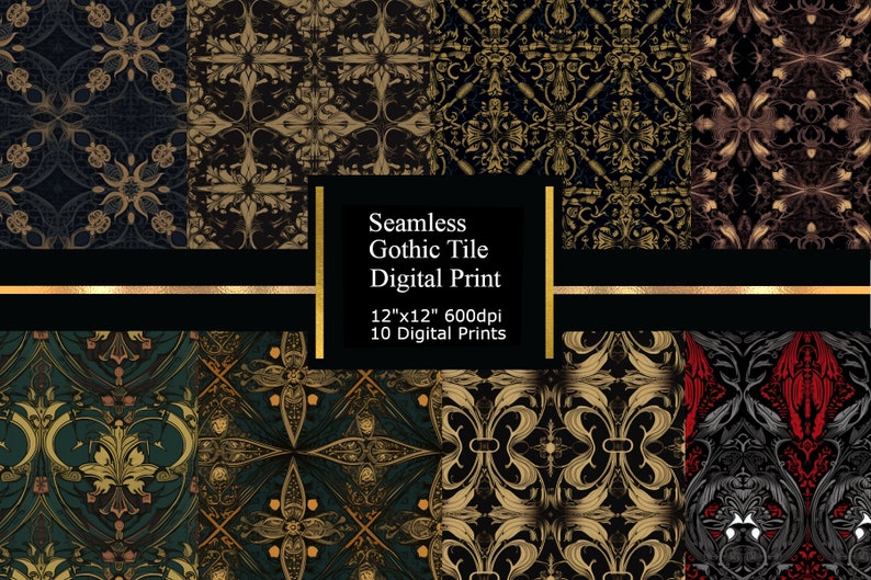 Gothic Tile Textures Digital Paper Pack - Dark and Intricate Designs ...