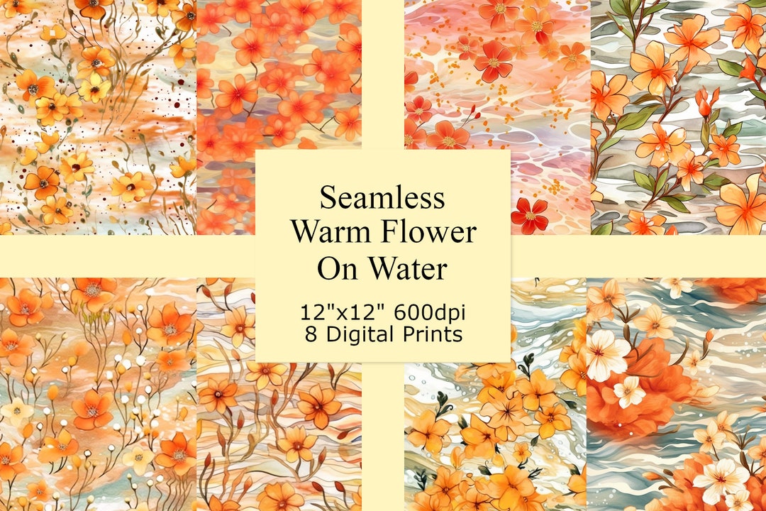 Warm-colored Flowers on Water Digital Paper Pack - 8 Floral Art Prints ...