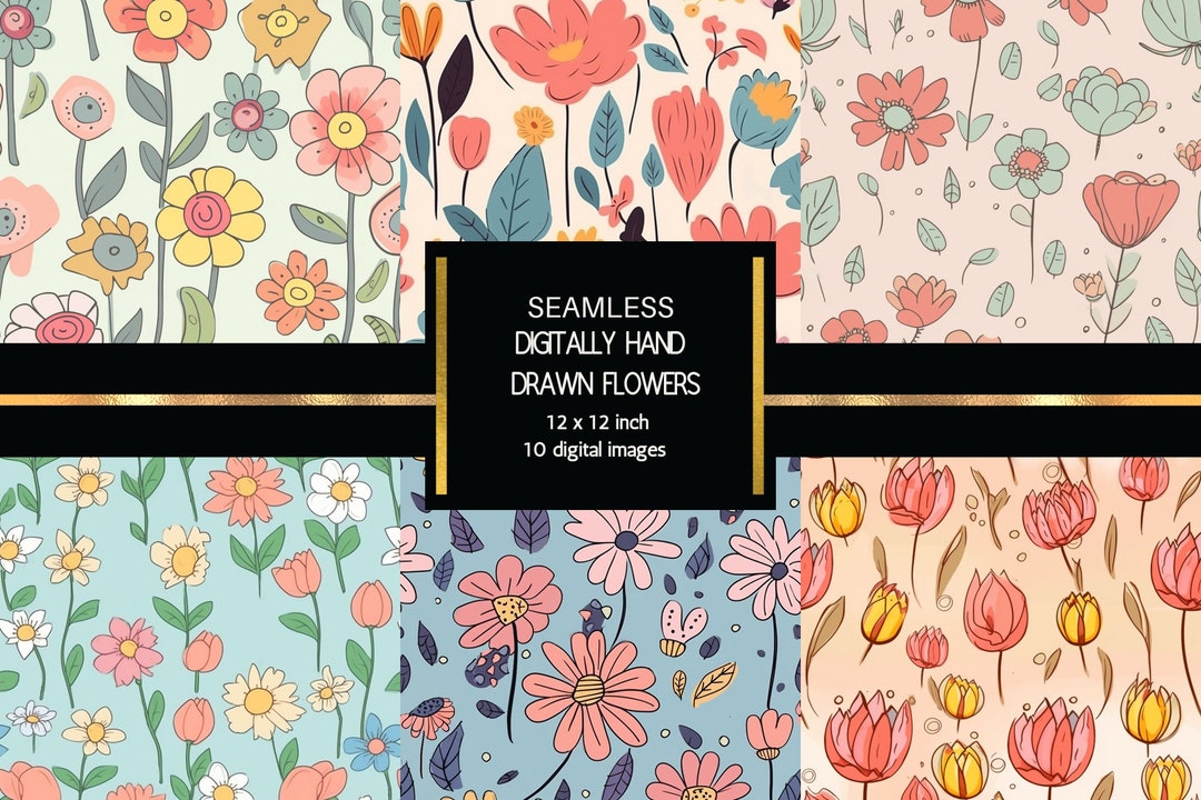 Seamless Hand-drawn Flower Loop Digital Paper Pack - Seamless Pattern ...