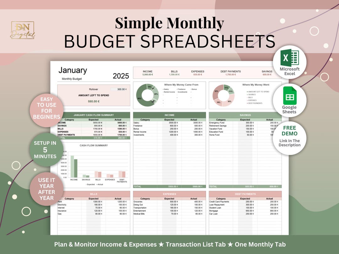 Simple Monthly Budget Spreadsheets • Google Sheets and Excel Template ...