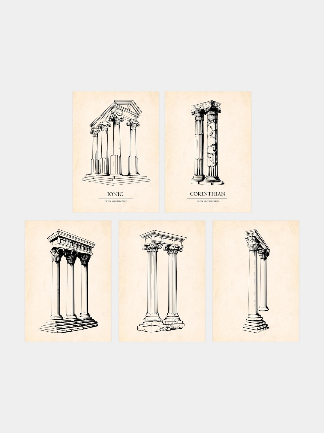 Ancient Greek Architecture Drawing Prints: Column Sketch Art (set of 5 ...