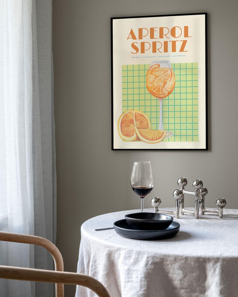 Watercolor Aperol Spritz Bar Cart Print: Retro Dining Room Art (digital ...
