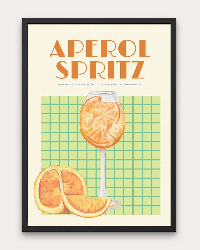 Watercolor Aperol Spritz Bar Cart Print: Retro Dining Room Art (digital ...