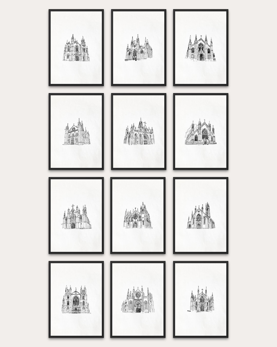 Printable Gothic Cathedral Architecture Line Art Sketches Sets of 13 ...