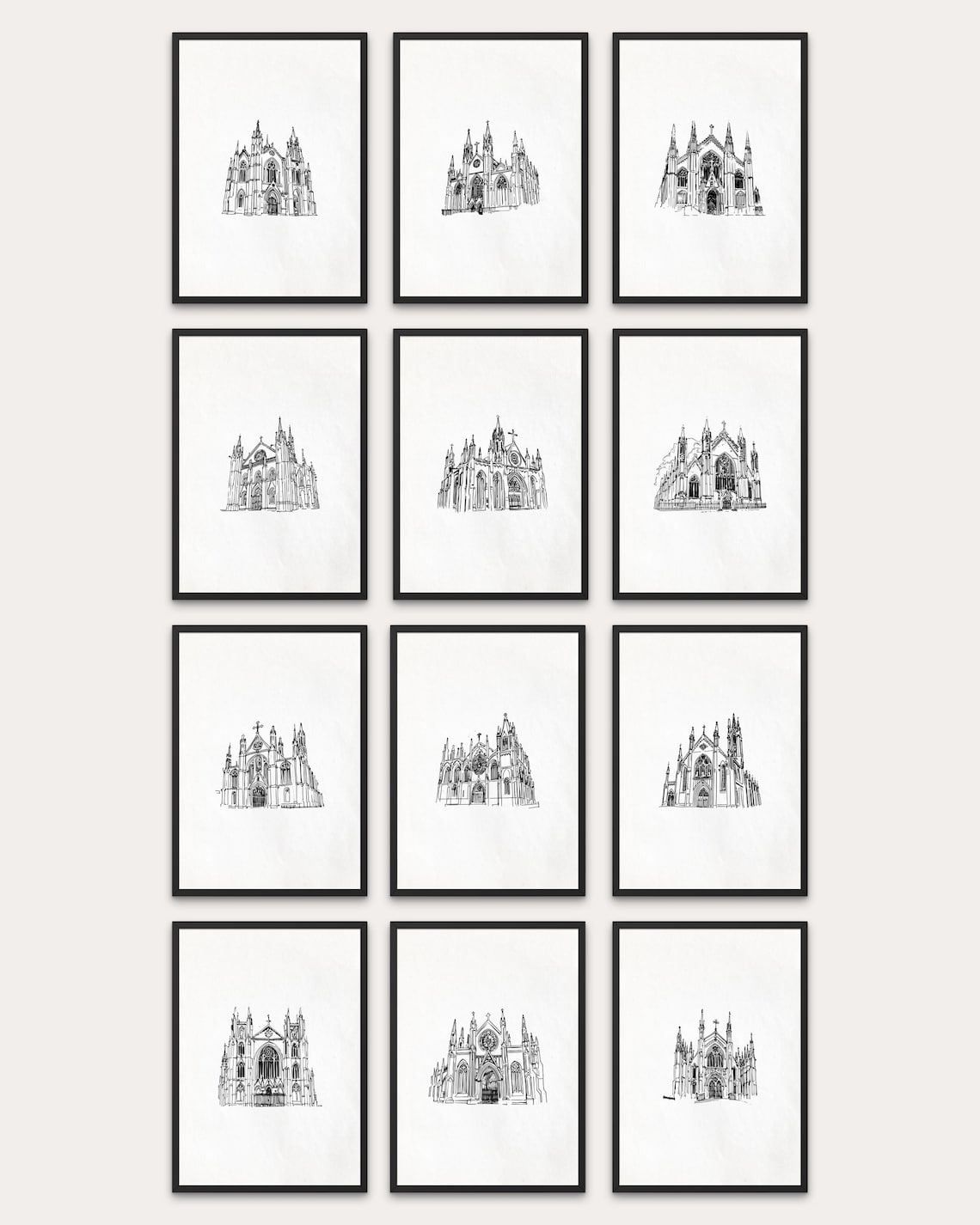 Gothic Cathedral Line Art Prints: Architectural Sketch Set of 13 ...