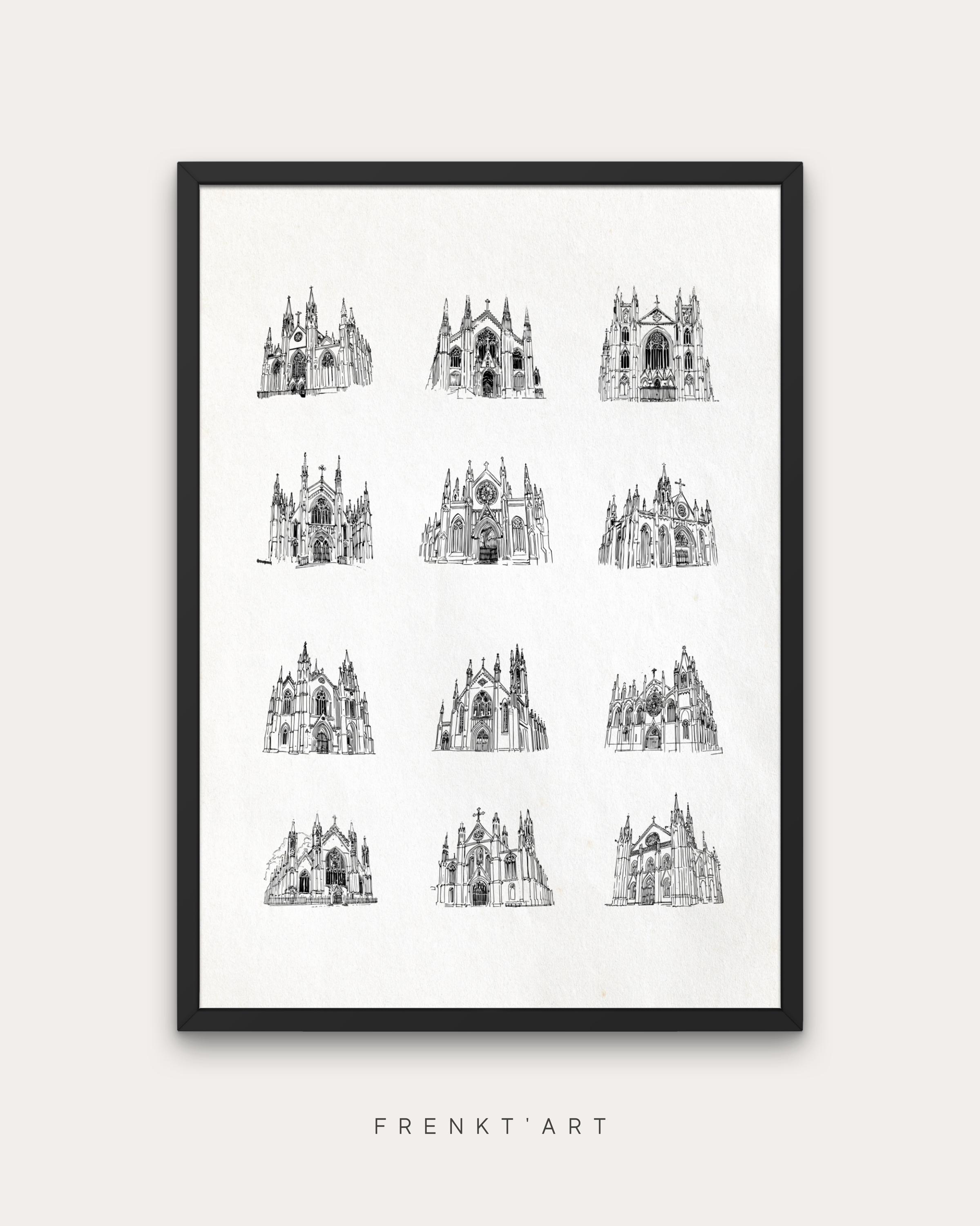 Printable Gothic Cathedral Architecture Line Art Sketches Sets of 13 ...