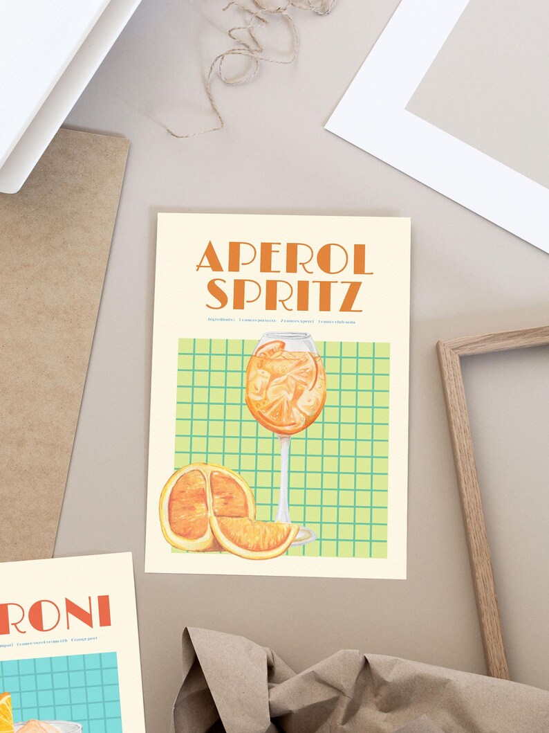 Watercolor Aperol Spritz Bar Cart Print: Retro Dining Room Art (digital ...