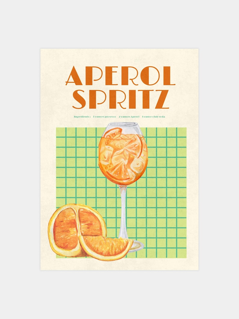 Watercolor Aperol Spritz Bar Cart Print: Retro Dining Room Art (digital ...