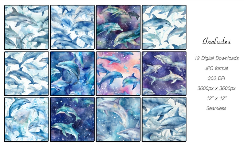 12 Dolphin Seamless Patterns - Instant Download Printable Ocean Pattern ...