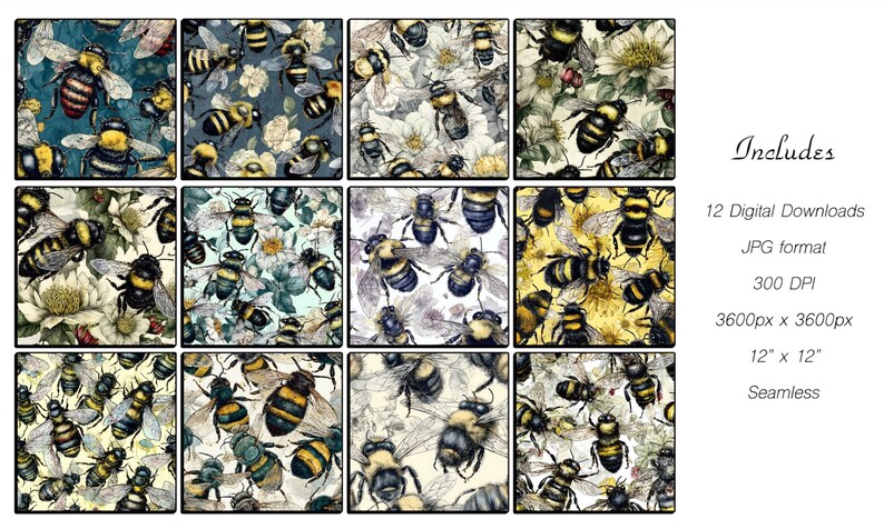 12 Bumble Bee Seamless Patterns - Instant Download Printable Bee ...