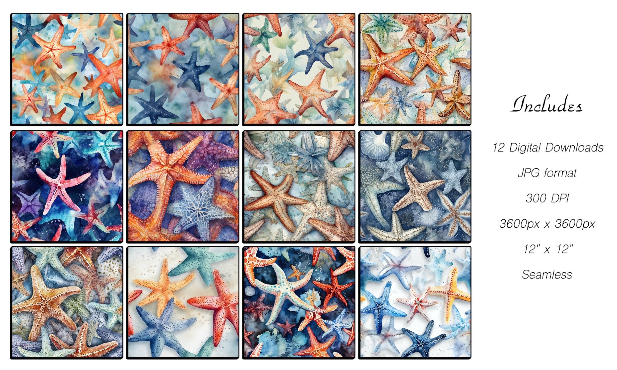 12 Starfish Seamless Patterns - Instant Download Printable Nautical ...