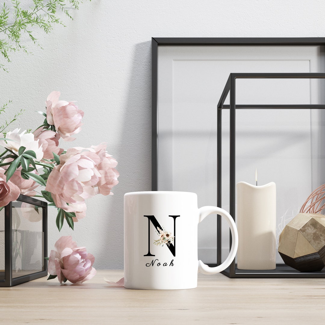 Initial Name Mug, Personalized Name Gift, Pastel Flower, Floral ...