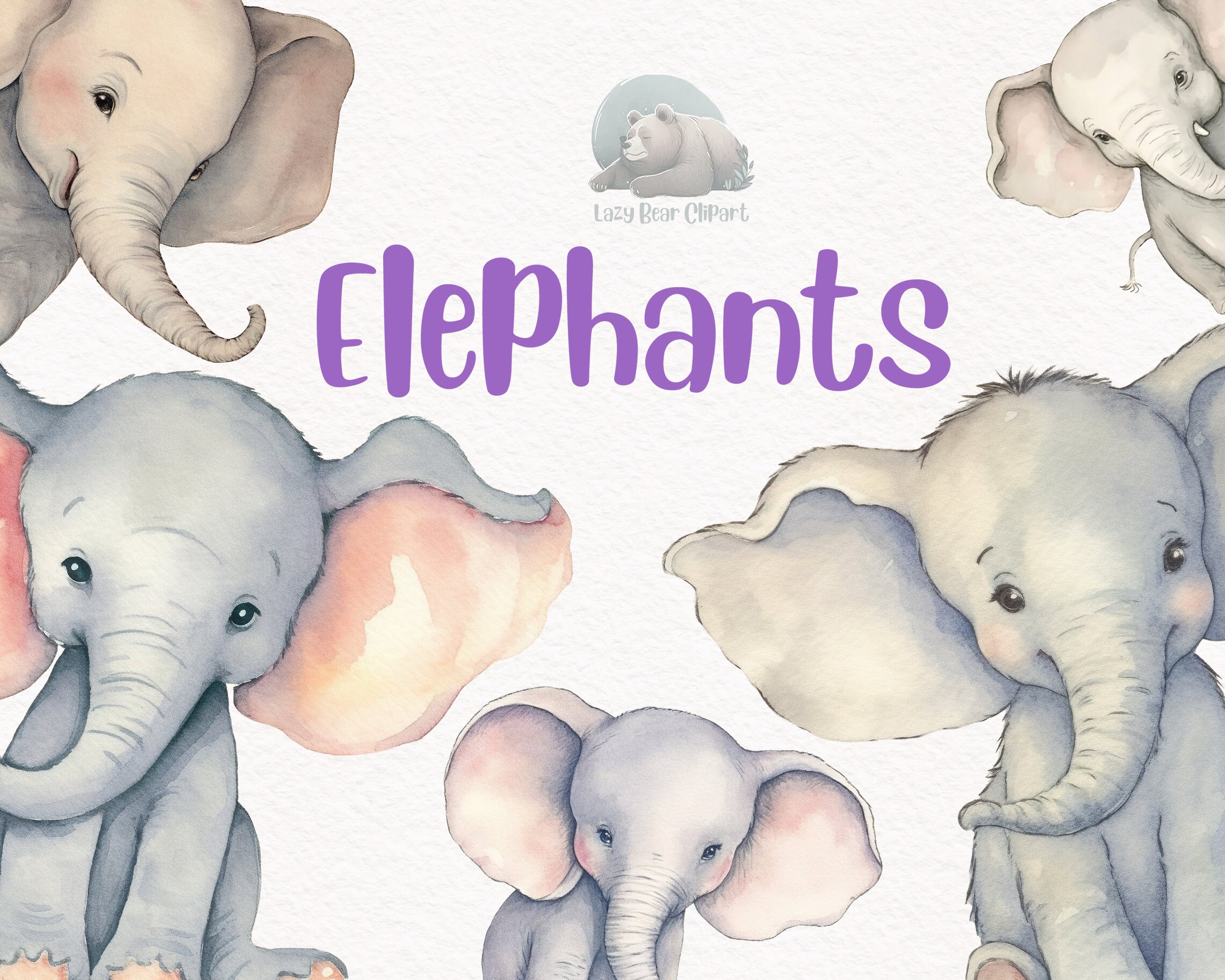 Elephant Watercolor Clipart, Cute Nursery Decor, Wall Art,baby Shower ...