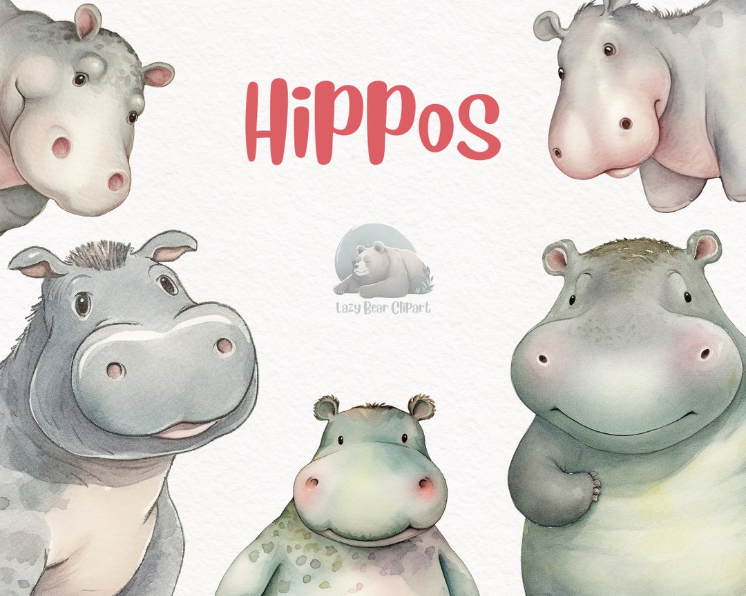 Hippo Watercolor Clipart Cute Nursery Decor Wall Artbaby - Etsy