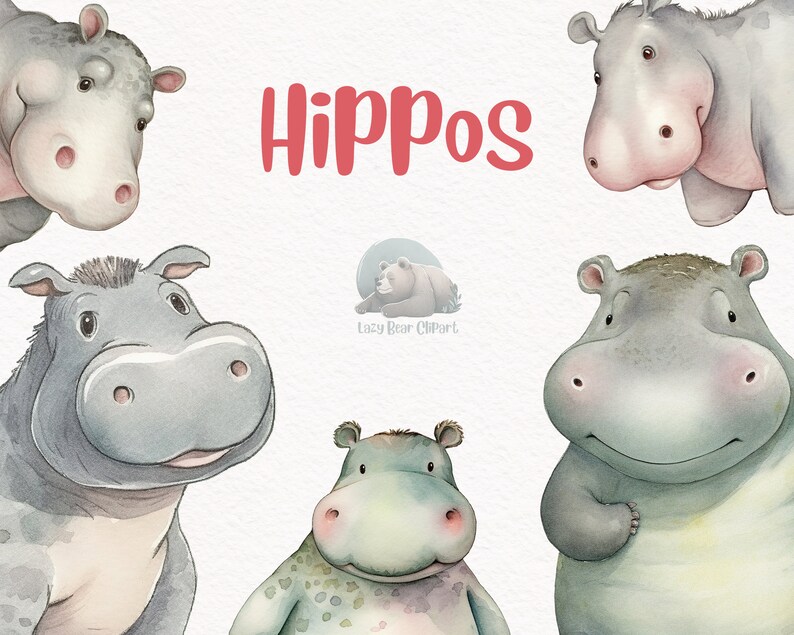 Hippo Watercolor Clipart Cute Nursery Decor Wall Artbaby - Etsy