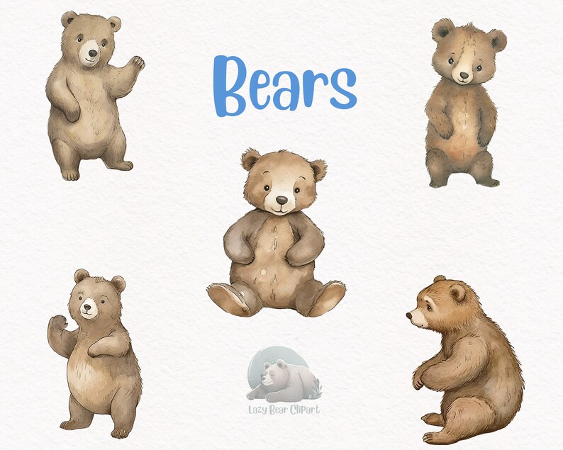 Bear Watercolor Clipart Cute Nursery Decor Wall Art Baby - Etsy