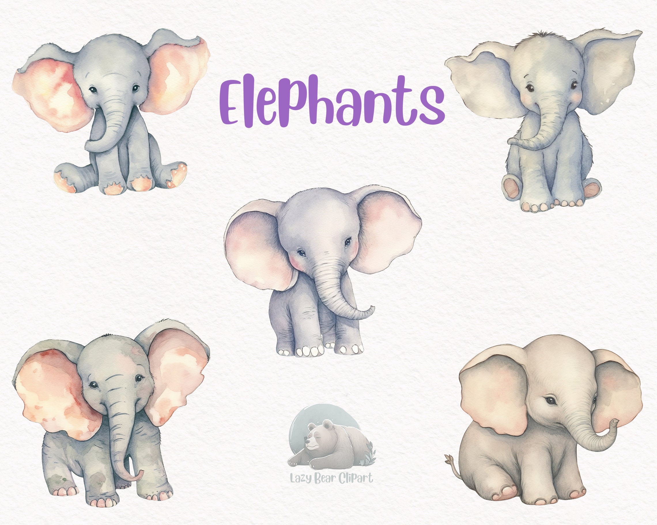 Elephant Watercolor Clipart, Cute Nursery Decor, Wall Art,baby Shower ...