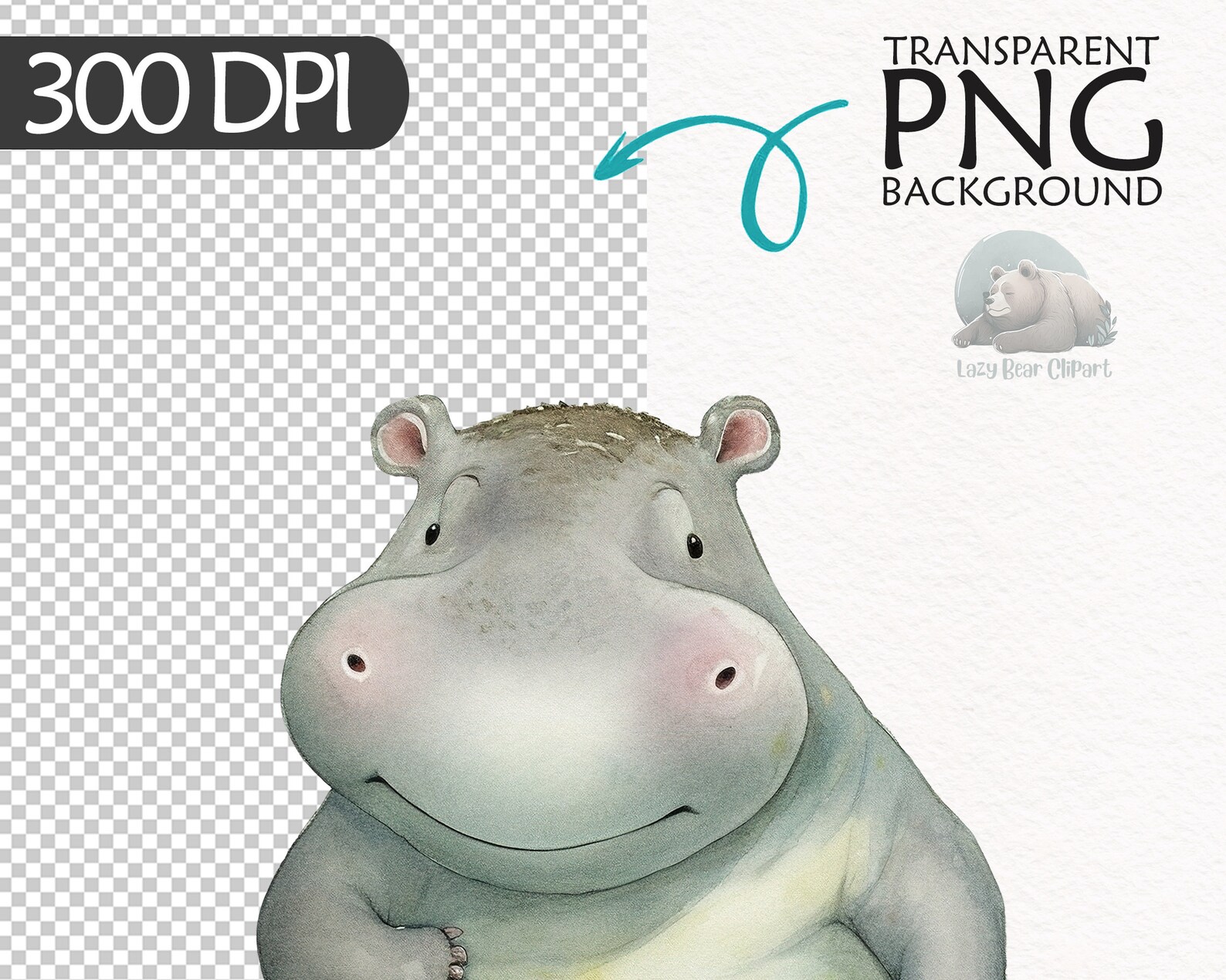 Hippo Watercolor Clipart Cute Nursery Decor Wall Artbaby - Etsy