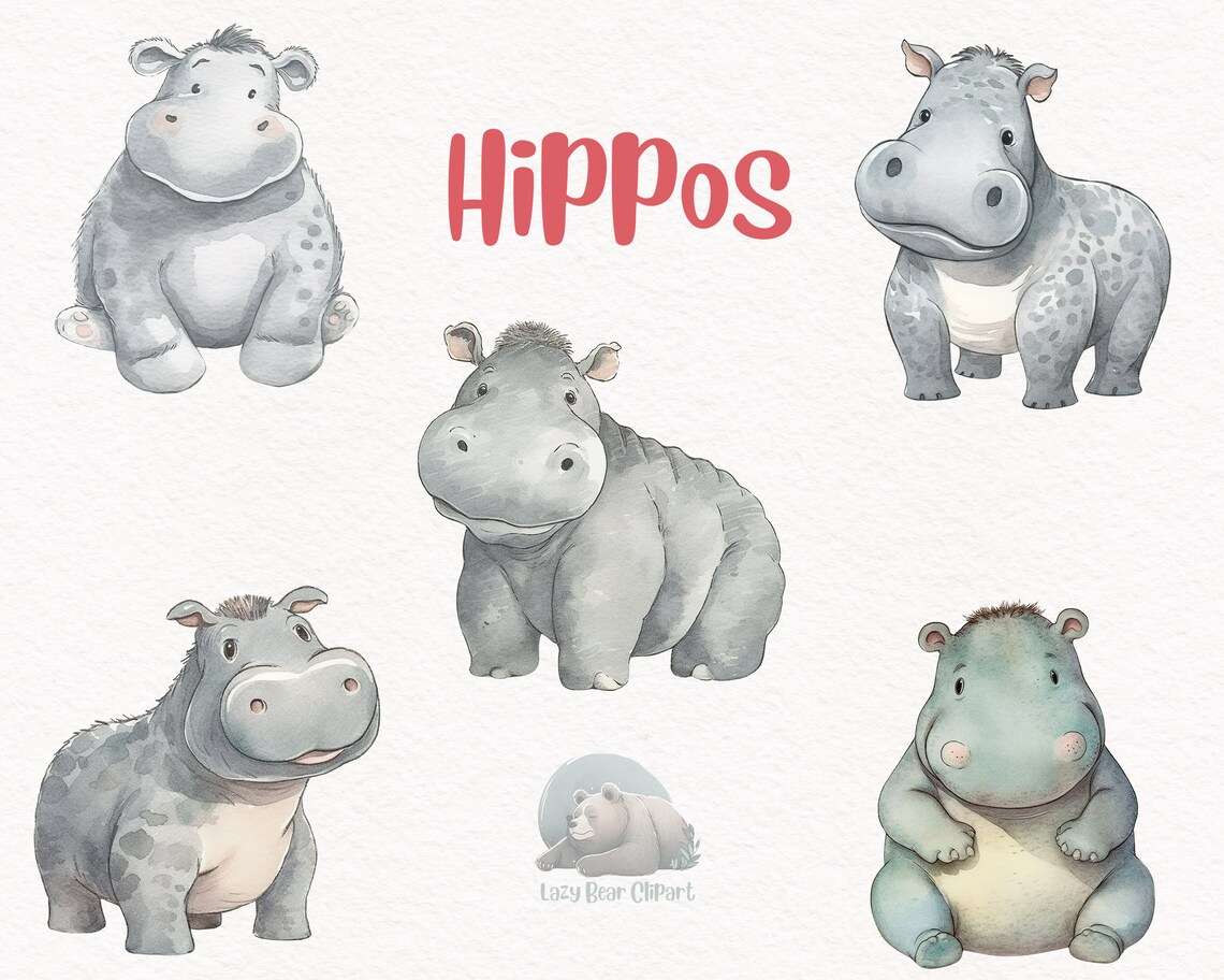 Hippo Watercolor Clipart Cute Nursery Decor Wall Artbaby - Etsy