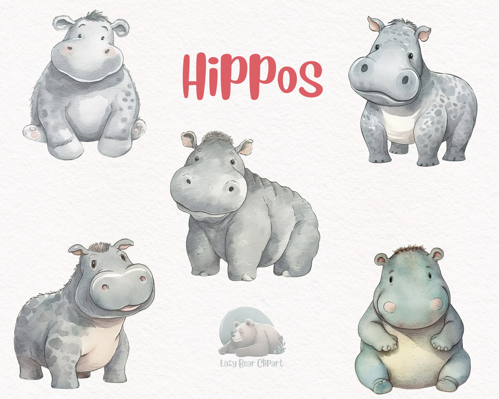Hippo Watercolor Clipart Cute Nursery Decor Wall Artbaby - Etsy