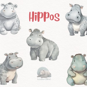 Hippo Watercolor Clipart Cute Nursery Decor Wall Artbaby - Etsy