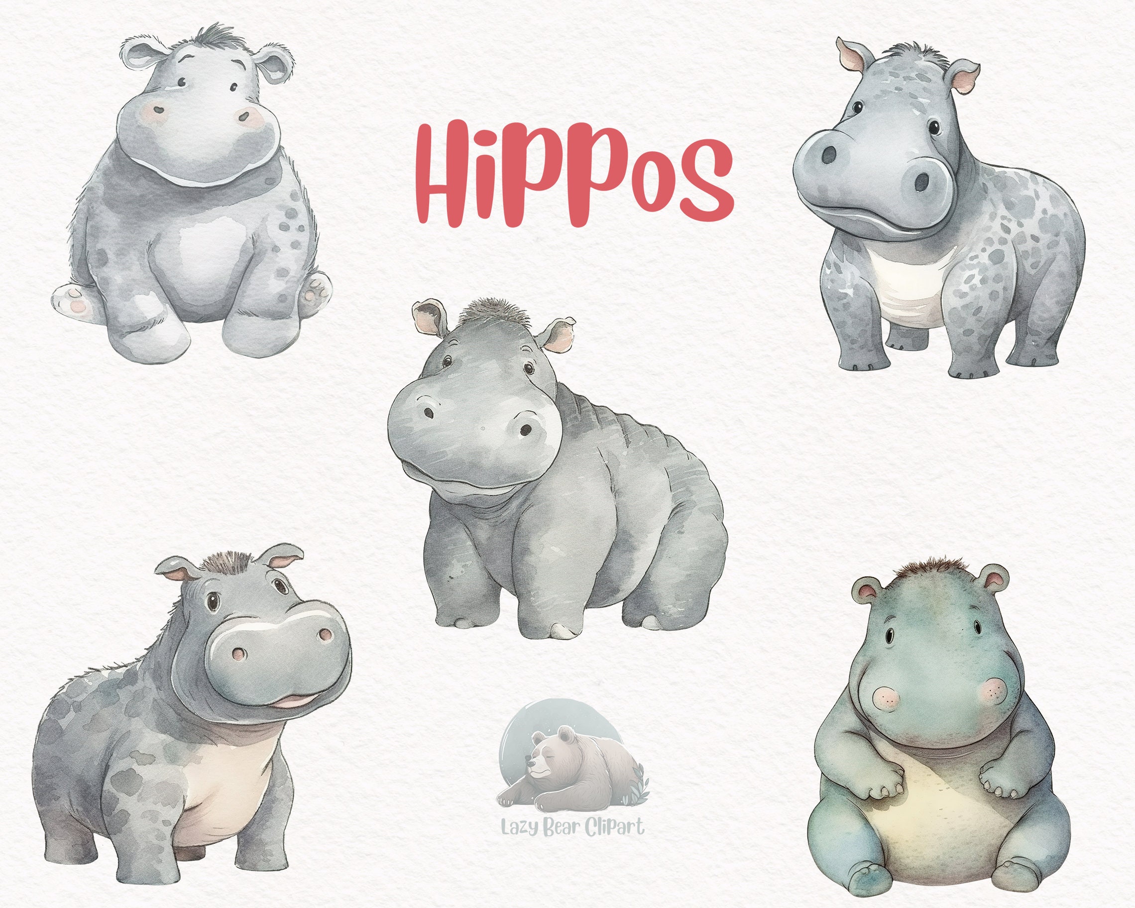 Hippo Watercolor Clipart Cute Nursery Decor Wall Artbaby - Etsy