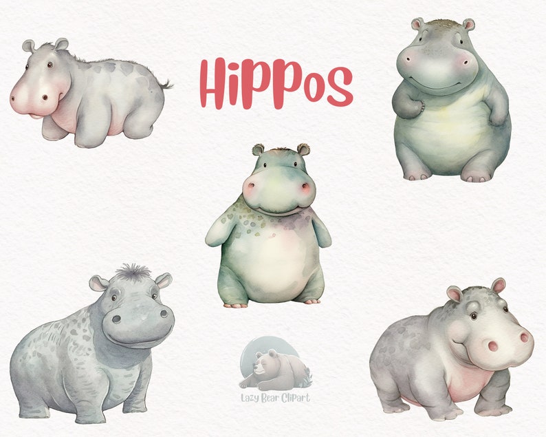 Hippo Watercolor Clipart Cute Nursery Decor Wall Artbaby - Etsy