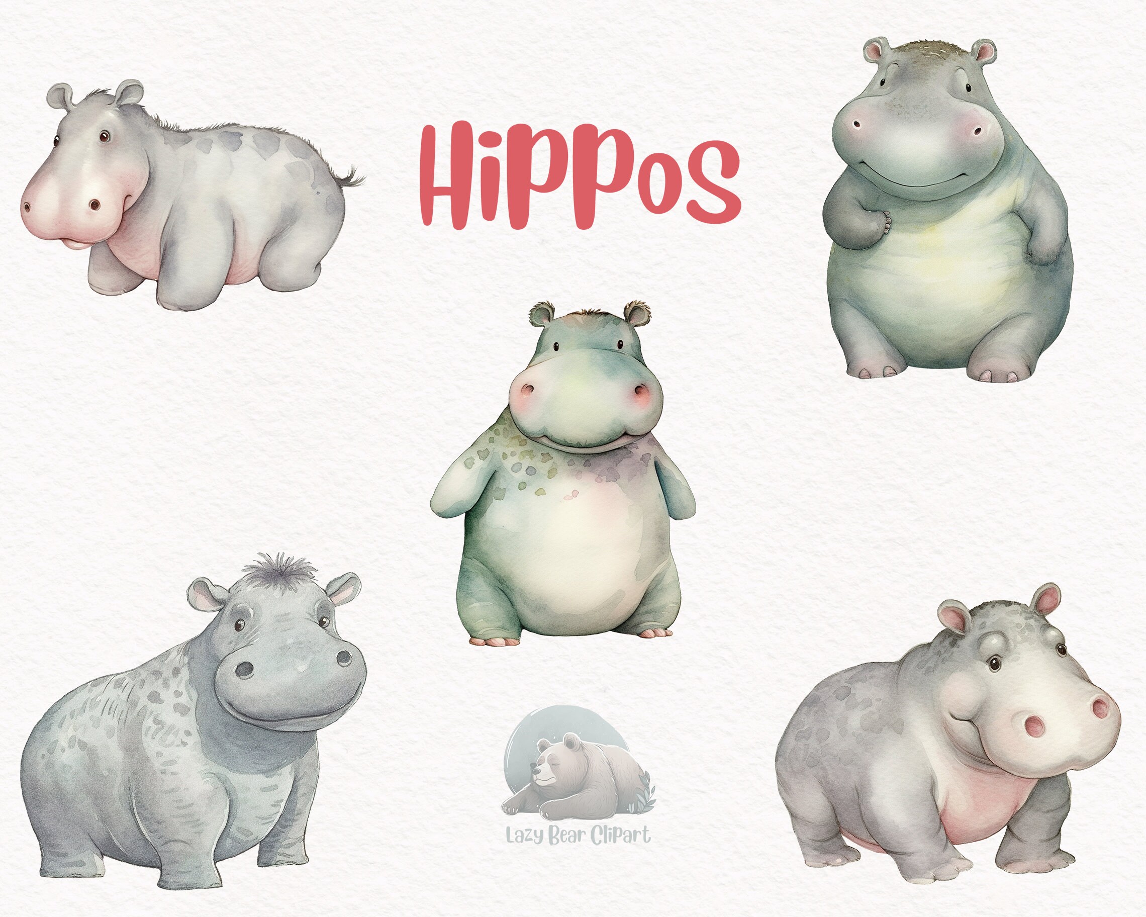 Hippo Watercolor Clipart, Cute Nursery Decor, Wall Art,baby Shower PNG ...