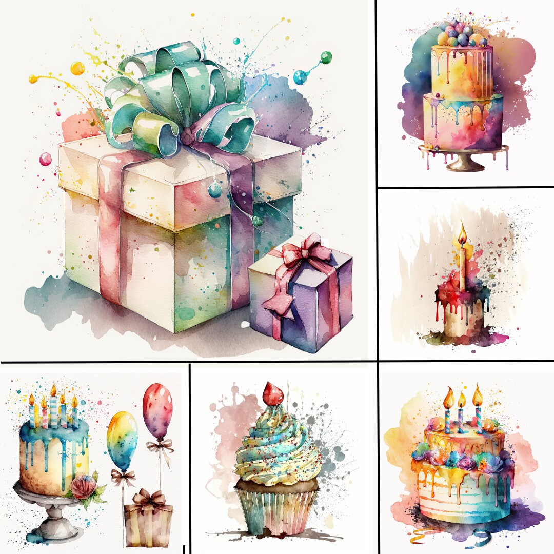 30 Watercolor Birthday Party Cake Present Balloons Clipart Bundle Gift ...