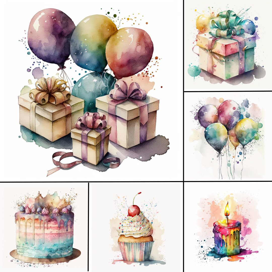 30 Watercolor Birthday Party Cake Present Balloons Clipart Bundle Gift ...
