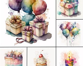 Watercolor Pastel Birthday Party Cake Present Balloons Clipart Bundle ...