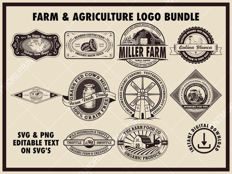 Vintage Farm Logo Bundle: Editable Agriculture Logos (digital Download ...