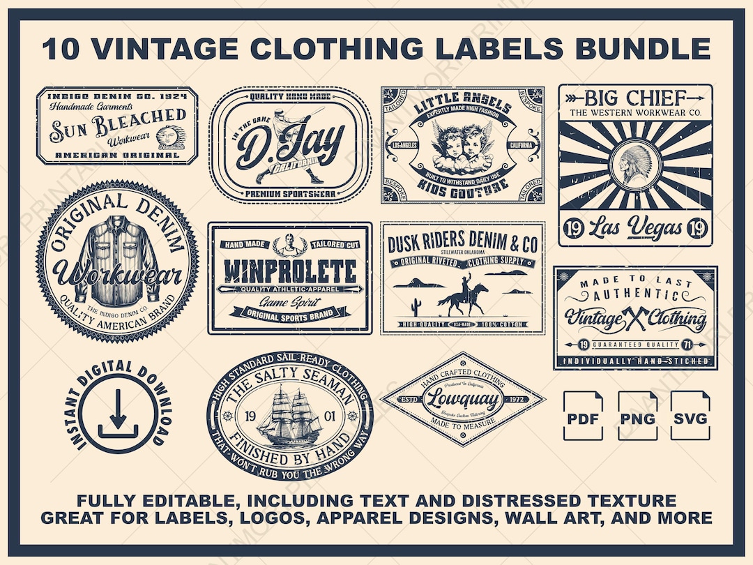 Vintage Clothing Label Bundle: Editable Retro Logo Designs (digital ...