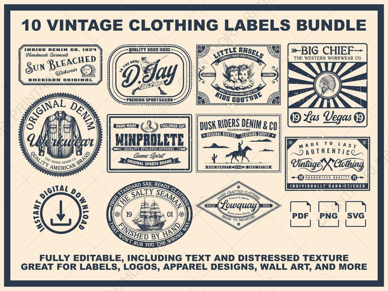 Vintage Clothing Label Bundle: Editable Retro Logo Designs (digital ...