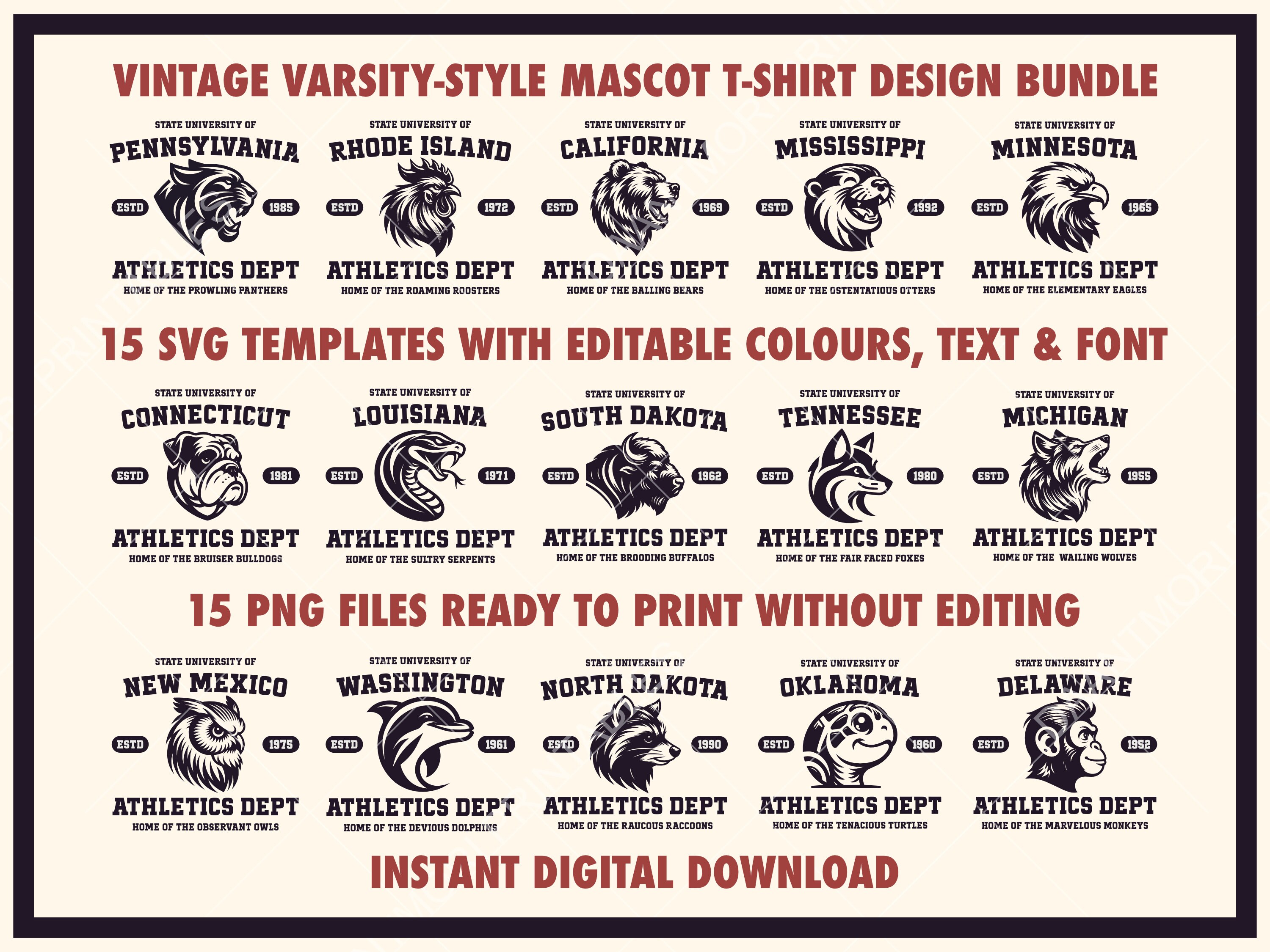 Vintage Varsity T-shirt Bundle, University Design Bundle, College Team ...