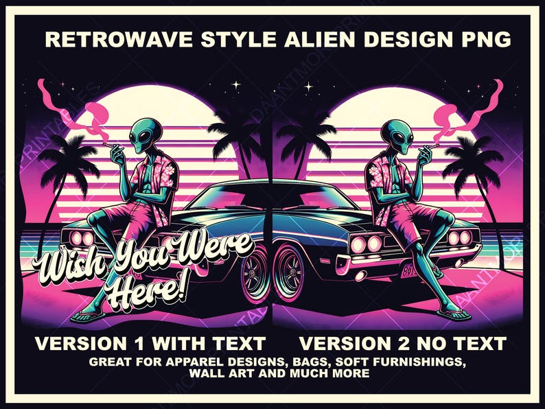 80s Alien Beach T-shirt Design: Muscle Car, Retro Sunset (digital ...