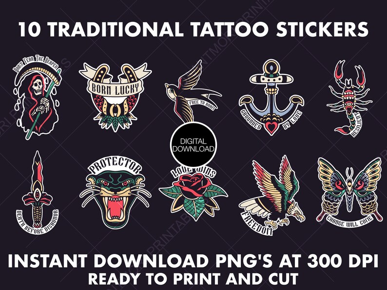 PNG Sticker Bundle Traditional Tattoo, Goodnotes Sticker Download ...