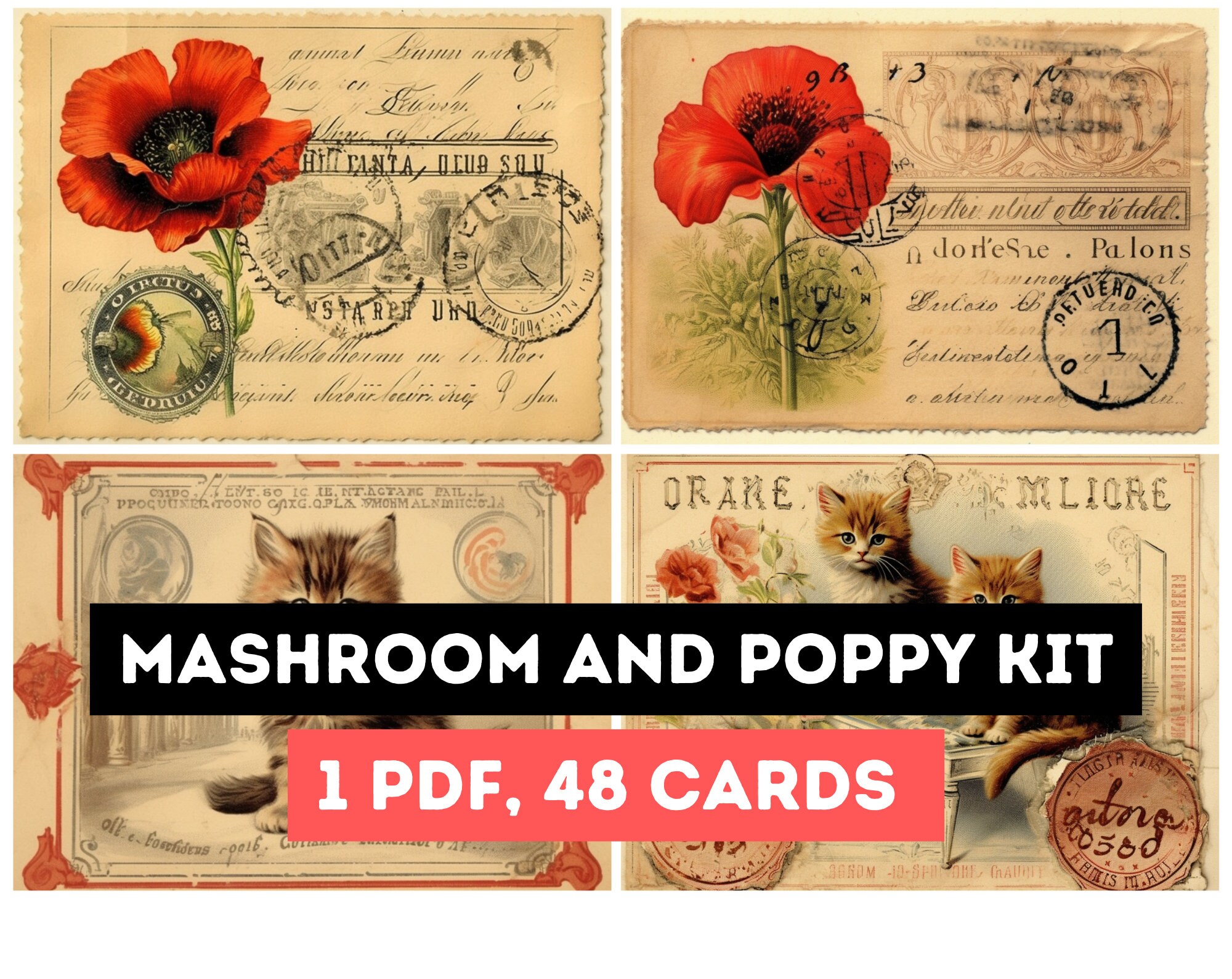 48 Vintage Postcards Printable - Mashrom, Poppy, Dog, A Little Bit of ...