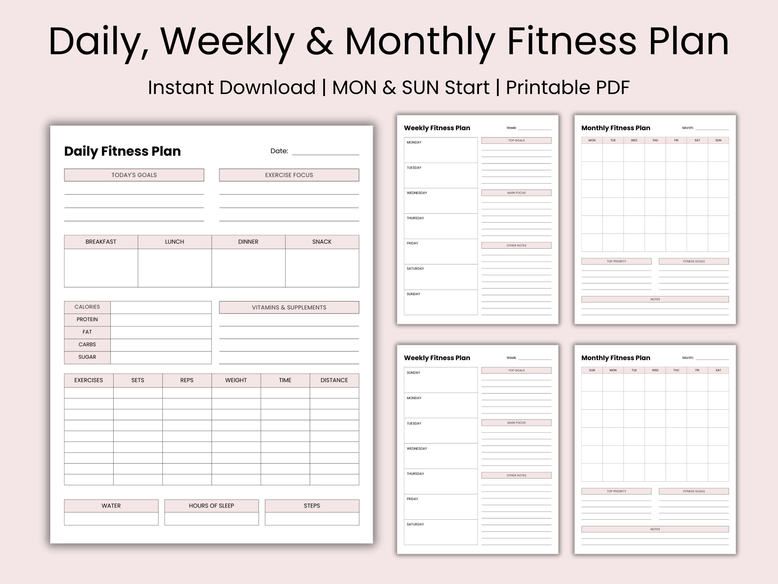 Printable Fitness Planner Bundle, Exercise Tracker, Calorie Tracker ...