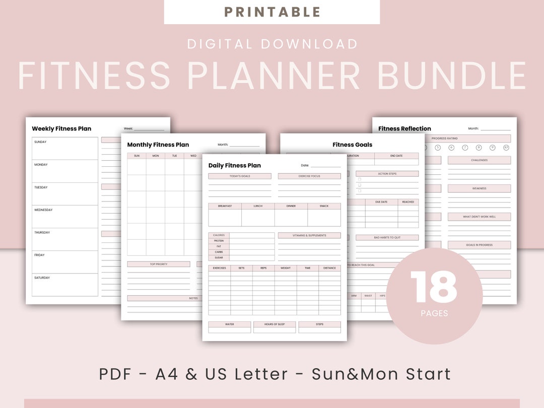 Printable Fitness Planner Bundle, Exercise Tracker, Calorie Tracker ...