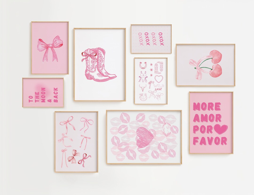 Set of 9 Trendy Pink Wall Art Prints Preppy Room Decor, Preppy ...