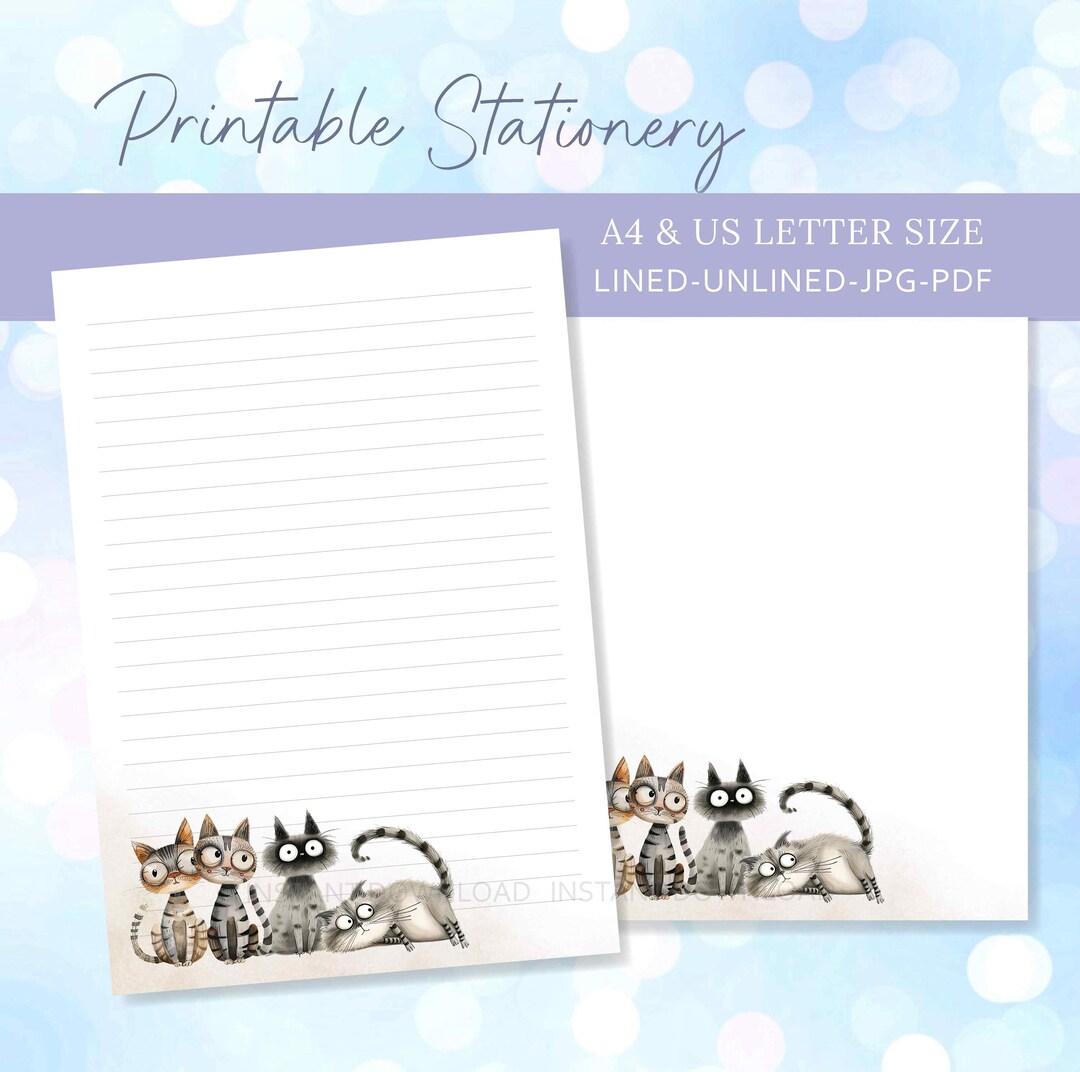 Cat Printable Stationery, Fun Quirky Cats Instant Download Writing ...