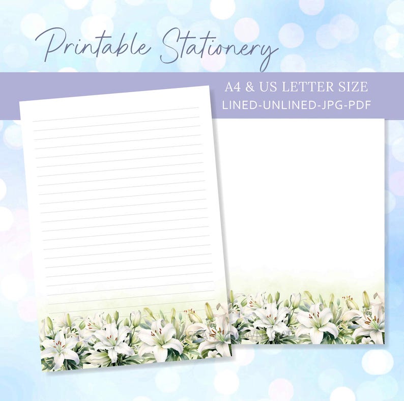 White Lilies Printable Stationery, Lily Flowers Instant Download ...