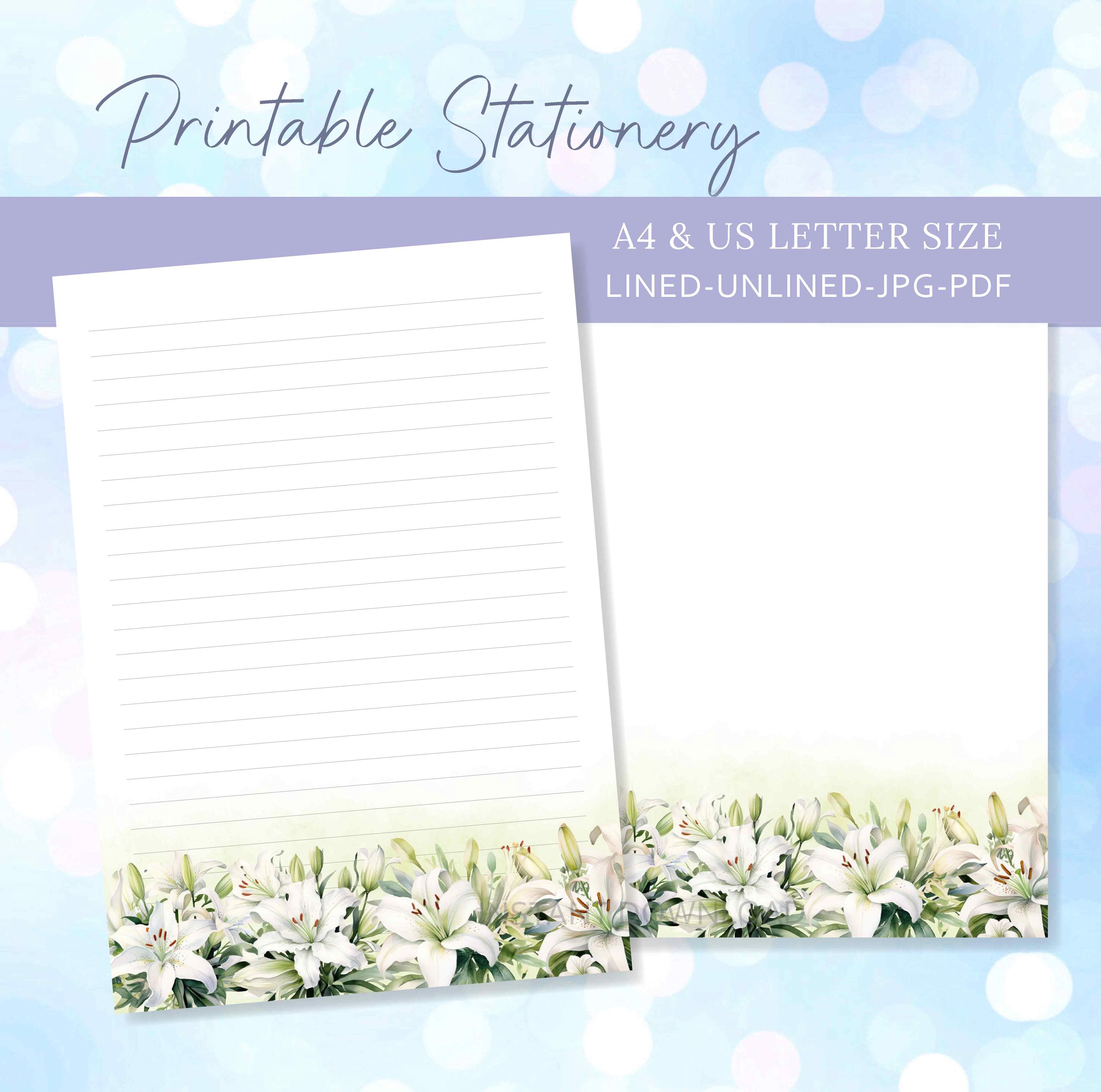 White Lilies Printable Stationery, Lily Flowers Instant Download ...
