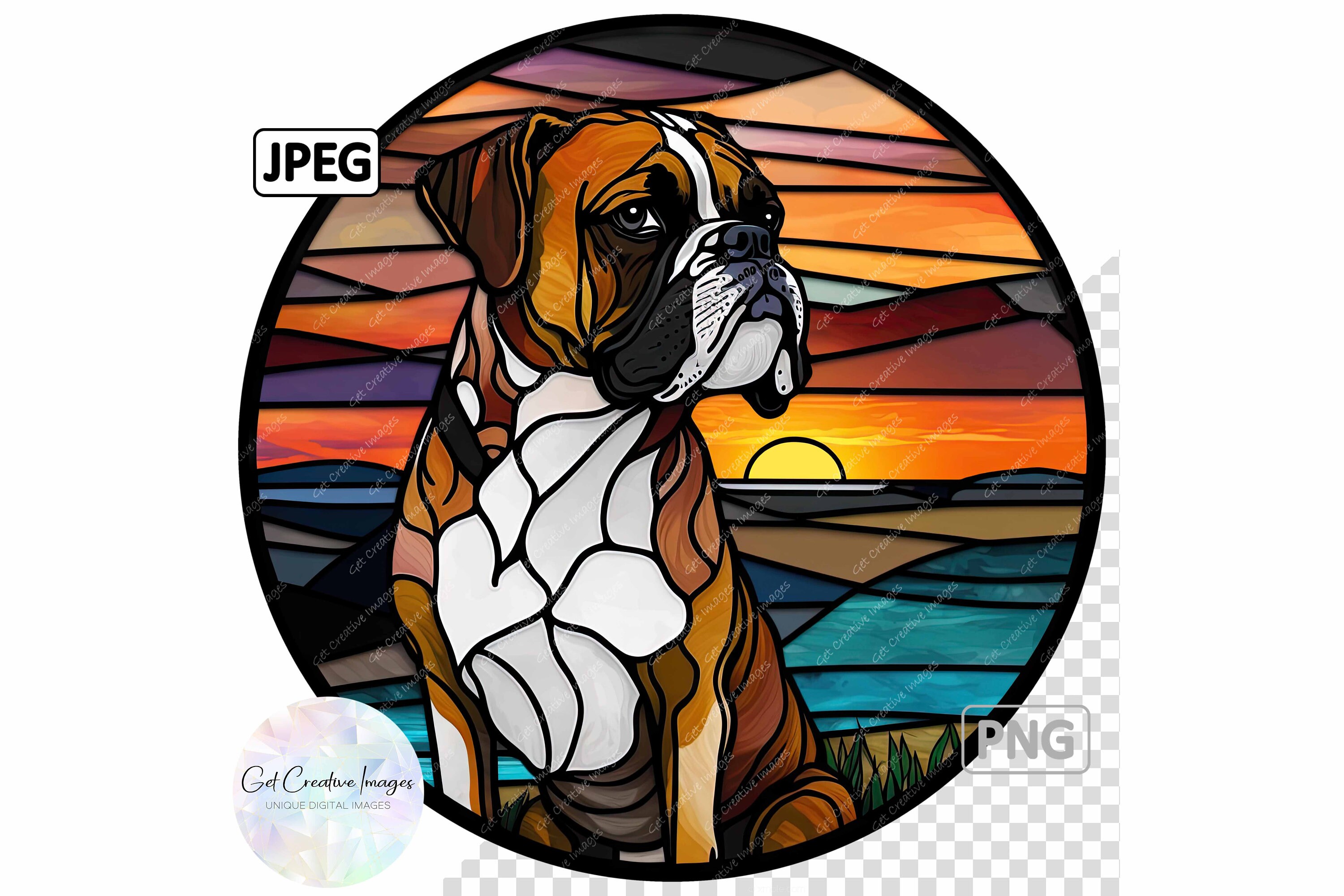 Boxer Dog Stained Glass Clipart, Round Image, Instant Digital Download ...